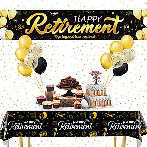 Retirement Decorations, 3pcs Black and Gold Happy Retirement Tablecloth, Plastic Disposable Rectangle Table Cover for Retirement Party Favor Decorations- 54" x 108"