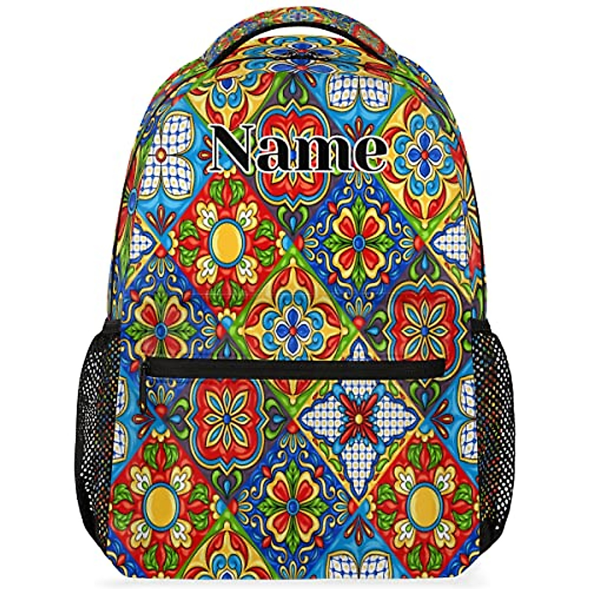 Custom Ethnic Mexican Talavera Backpack for Teens Boys Girls, Add Your Own Text Name Mexican Tiles Personalized Schoolbag Bookbags, Customized Laptops Backpack for Men Women