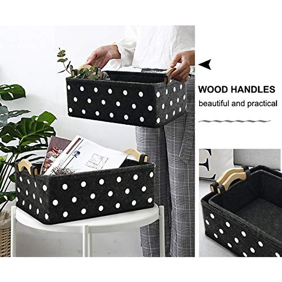 Oubra Small Storage Bins Felt Narrow Basket Collapsible Modern Baskets with Wooden Handles Gray Storage Baskets for Shelves Closet Decorative Bin