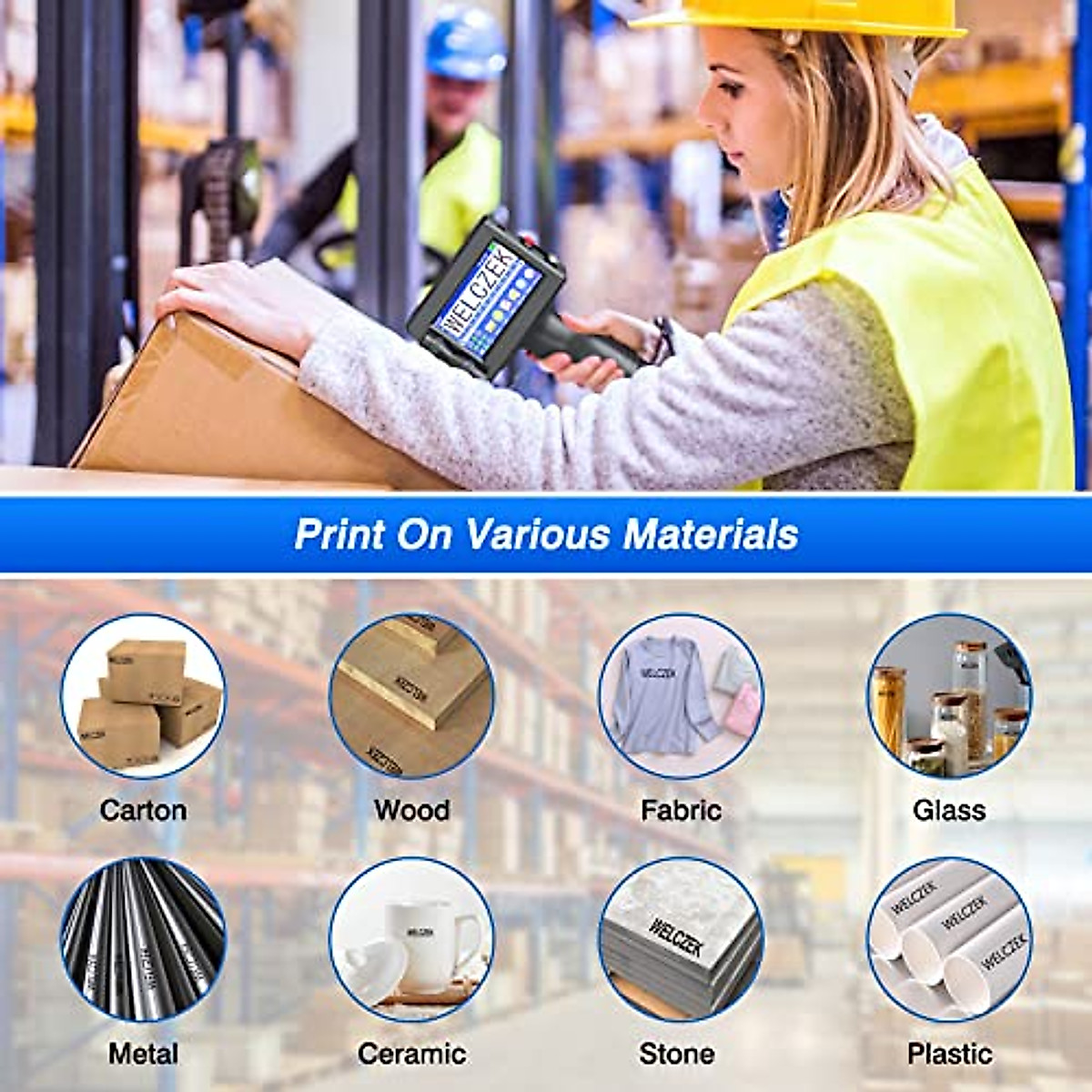 WELCZEK TIJ127 Handheld Inkjet Printer, Portable Handheld Printer with 4.3Inch Touch Screen Quick Drying Inkjet Coding Machine for Barcode Label Text Logo QR Code Batch Number (Support 25 Languages)