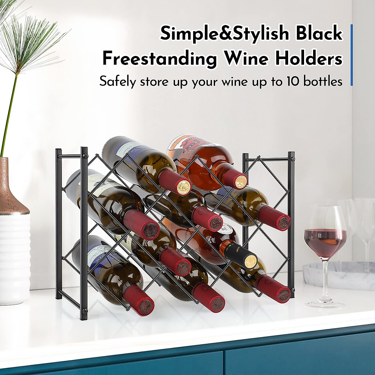 TOBUSA Metal Wine Rack Countertop, 10-Bottle Modern Black Freestanding Wine Bottle Holder, 4-Tier Tabletop Wine Rack Stand Wine Storage, Small Wine Bottle Organizer for Home Kitchen Cabinet Pantry Bar