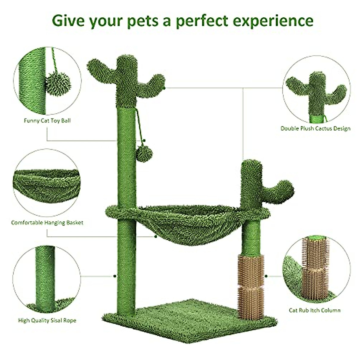 Dreamsoule Cactus Cat Tree, Large Cat Trees with Hammock 35 inch High Cat Scratching Post and Back Scratcher, Cactus Cat Scratcher with Interactive Dangling Ball, Climbing Stand for Indoor Kittens