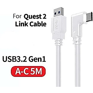 TNE 16ft Link Cable for Oculus Quest 2 & Quest 1 for PC Gaming & Charging | High Speed Data Transfer & Fast Charger Cord 90 Degree Angled Type C USB3.2 Gen1 to USB Type A Power Cable (16ft/5M, White)