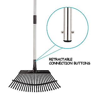 63” Garden Leaf Rake 38”-63”Adjustable Garden Rake,25 tines, Metal Rake for Quick Clean Up of Lawn and Yard