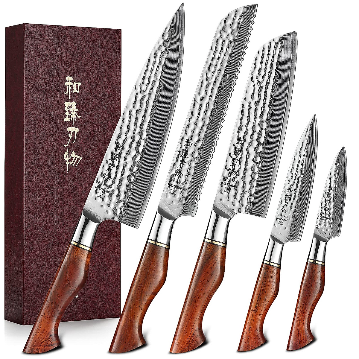 HEZHEN Damascus Knife Set 5PCS,Premium Powder Steel Forged Hammered Pattern, Rosewood Handle, Home Cooking Kitchen Knives