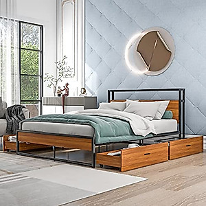 Banemi Queen Bed Frame with Drawers, Queen Size Platform Bed Frame Black Metal Bed Frame with Four Drawers Sockets and USB Ports Slat Support