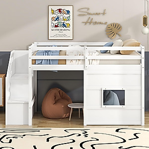 SOFTSEA Twin Size Low Loft Bed with Stairs, Solid Wood Loft Bed with Storage Steps, Twin Loft Bed with Staircase and Window, Low Loft Bed Twin with Steps for Kids Juniors, White