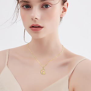 MUUYON 14K Gold Rabbit Necklace for Women, Real Yellow Gold Crescent Moon and Star Pendant Necklace, Easter Jewelry for Ladies Mom Sisters, 16"+1"+1"