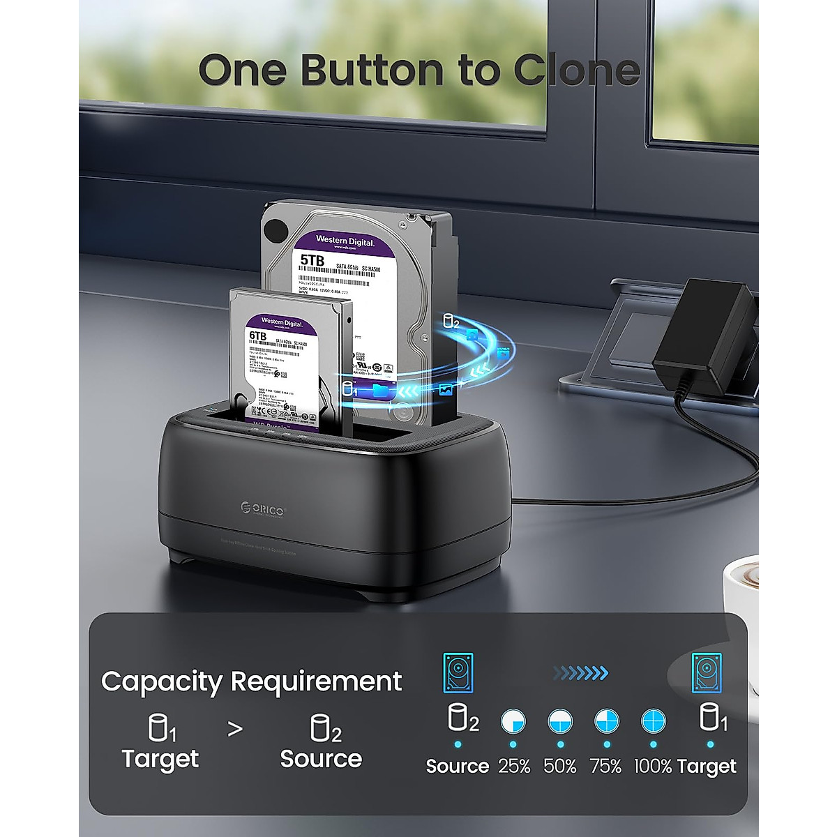 ORICO Hard Drive Docking Station Dual Bay USB 3.0 to SATA with Duplicator/Offline Clone Function External Hard Drive Dock for 2.5''/3.5'' HDD SSD Max Up to 40TB Support UASP Plug&Play-DD-C