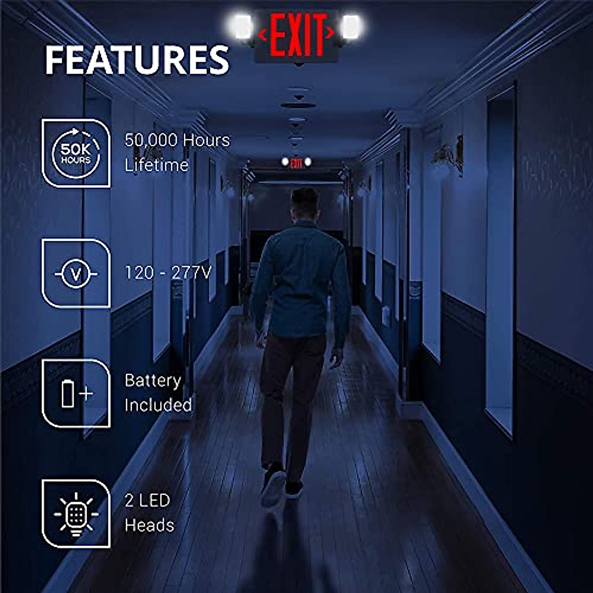 OSTEK Red LED Exit Sign Emergency Light, Two LED Adjustable Head Emergency Exit Lights with 90 Minutes Battery Backup, Dual LED Lamp ABS Fire Resistance UL-Listed (1)