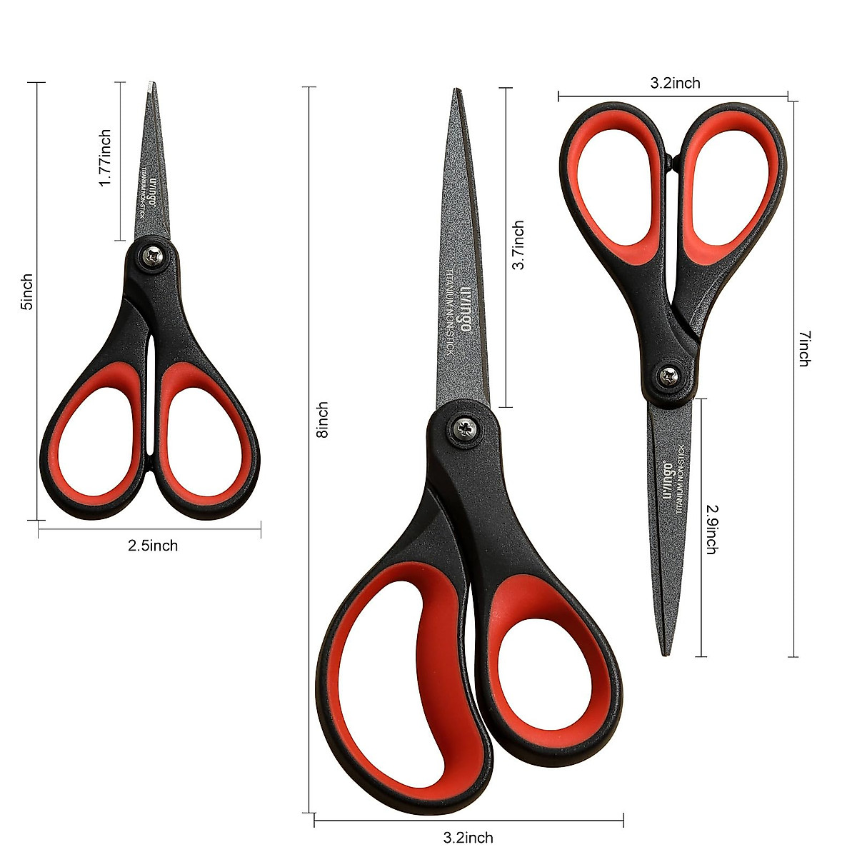 LIVINGO 3 Pack Titanium Scissors All Purpose - Non Stick Stainless Steel Sharp Scissors Set Heavy Duty for Office School Sewing Crafting Cutting Fabric Paper, Comfortable Grip, 5”, 7” & 8”