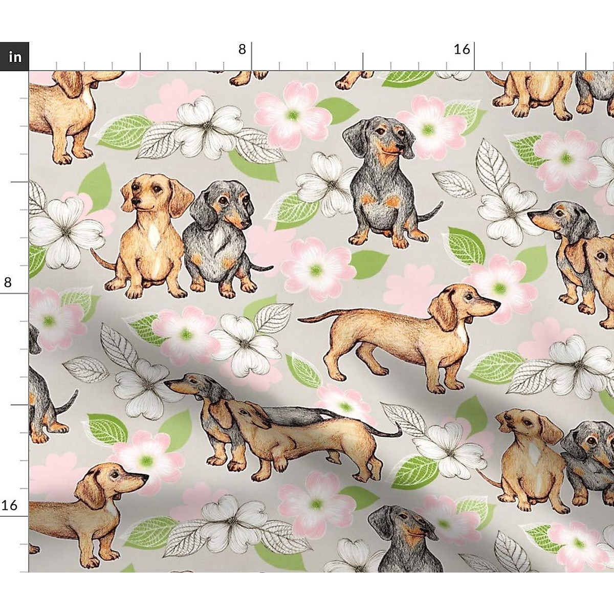 Spoonflower Fabric - Dachshunds Dogwood Blossoms Pink Large Dachshund Dogs Cute Gray Year Printed on Petal Signature Cotton Fabric by The Yard - Sewing Quilting Apparel Crafts Decor