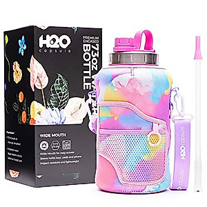 H2O Capsule 2.2L Half Gallon Wide Mouth Water Bottle with Storage Sleeve and Removable Straw - Hydration Tracker Jug with Measurements Marked – Shatterproof BPA-Free, (Purple TieDye)