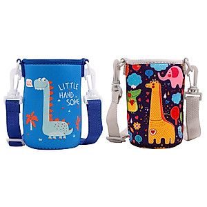 2 Pack-Children's Water Bottle Carrier, Protect and insulate your water bottle, With adjustable straps, Suitable for most children's water bottles - Dinosaurs + Giraffe