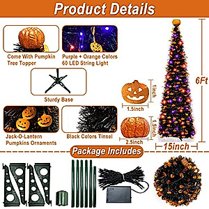 6 Ft 60 LED Tinsel Halloween Tree Decor with Orange & Purple Lights Timer Black Tinsel Christmas Tree Bats Battery Operated Pop Up Artificial Tree Indoor Outdoor Halloween Decorations Home Party