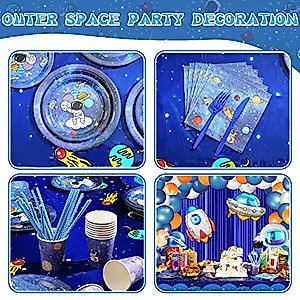SCIONE Space Party Decorations,199Pcs Outer Space Themed Galaxy Birthday Party Supplies,Plates,Napkins,Cups,Tablecloth,UFO Rocket Balloons for 16 Guests Boys Girls Astronaut Birthday Party Favors