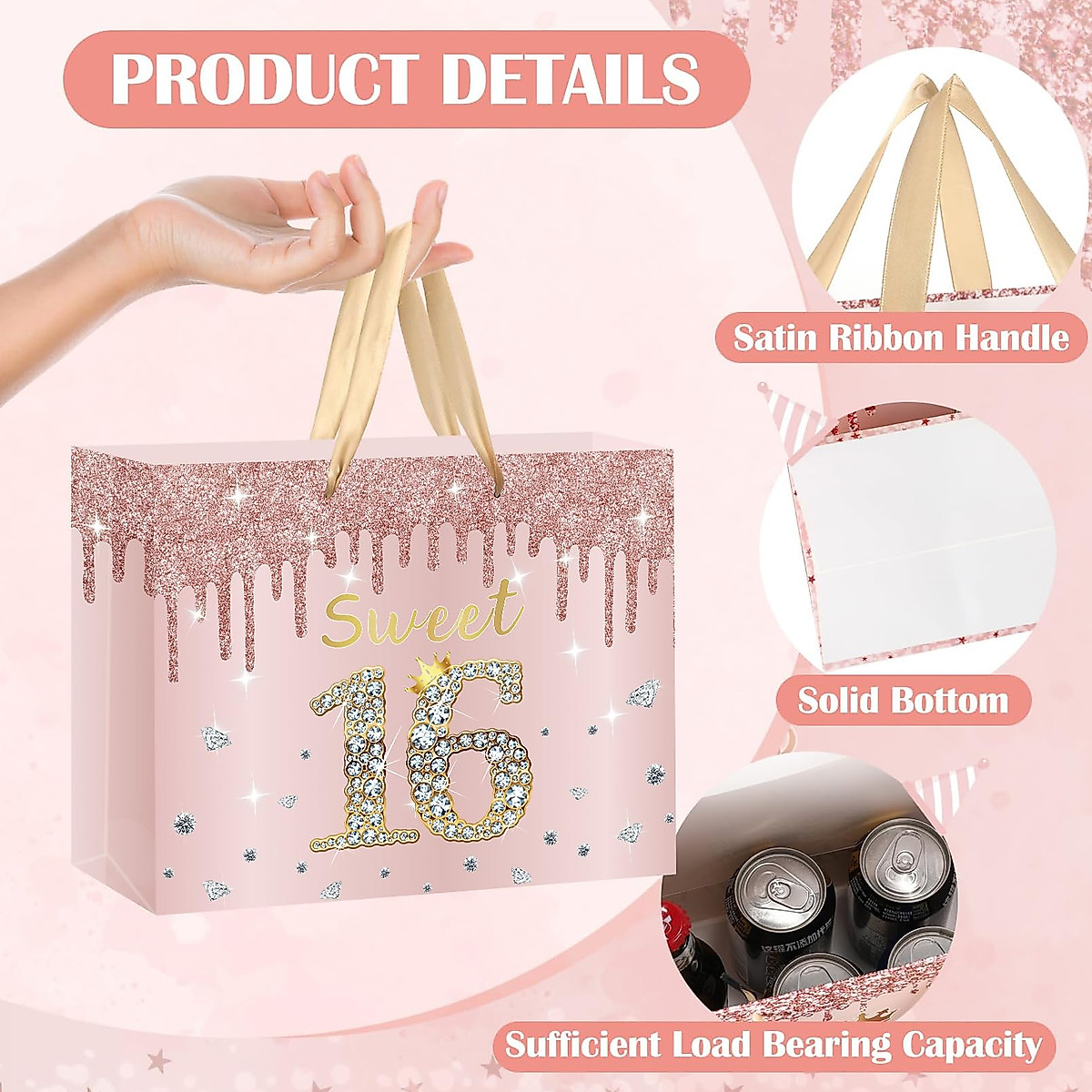 GOLDCROW Sweet 16 Gift Bag with Tissue Paper and Birthday Card Rose Gold 16th Birthday Gift Wrap Bag for Girls 16th Bday Bag with Wrapping Paper Sweet 16 Party Supplies Decorations