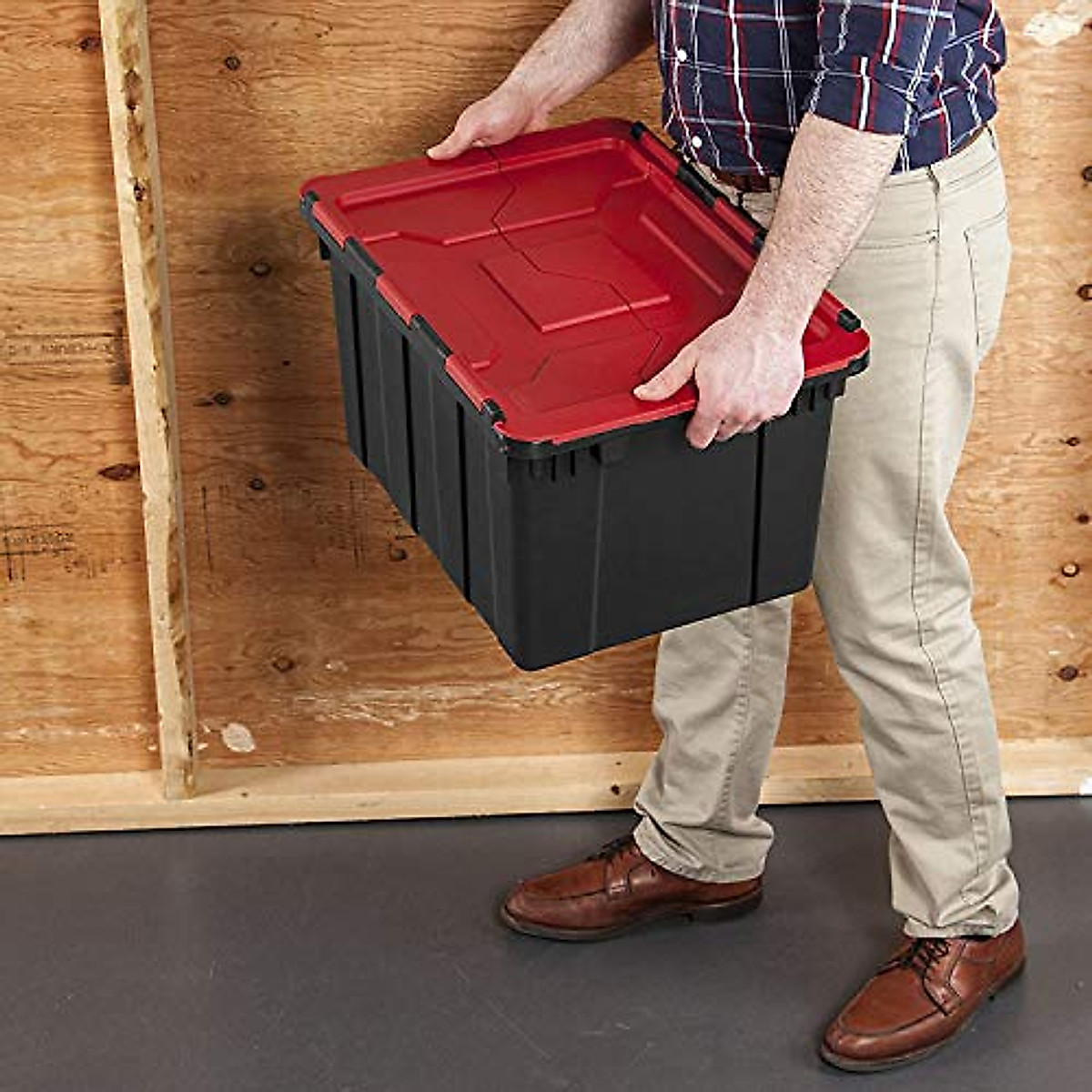 Sterilite 14619006 12 Gallon/45 Liter Hinged Lid Industrial Tote, Racer Red Lid w/ Black Base, 6-Pack