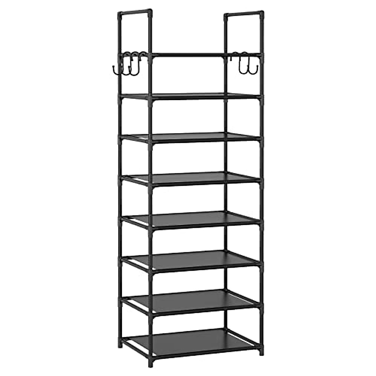 LANTEFUL 8 Tiers Tall Shoe Rack, Narrow Vertical Shoe Rack for Entryway Closet, 16-20 Pairs Shoe and Boots Organizer Storage Sturdy Shoe Shelf, Metal Stackable Shoe Stand with Hooks