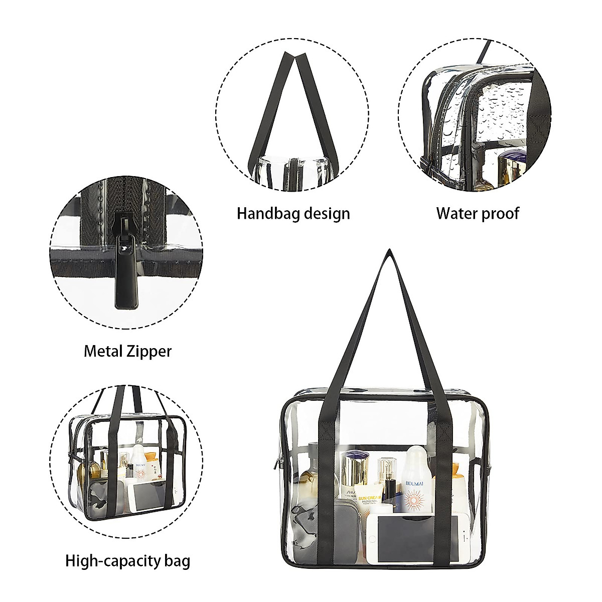 HAOGUAGUA Extra Large Clear Cosmetic Makeup Bag, Transparent PVC Tote Shoulder Bag Stadium Approved, Waterproof Clear Toiletry Carry Pouch Makeup Artist Bag Diaper Bag (Black)
