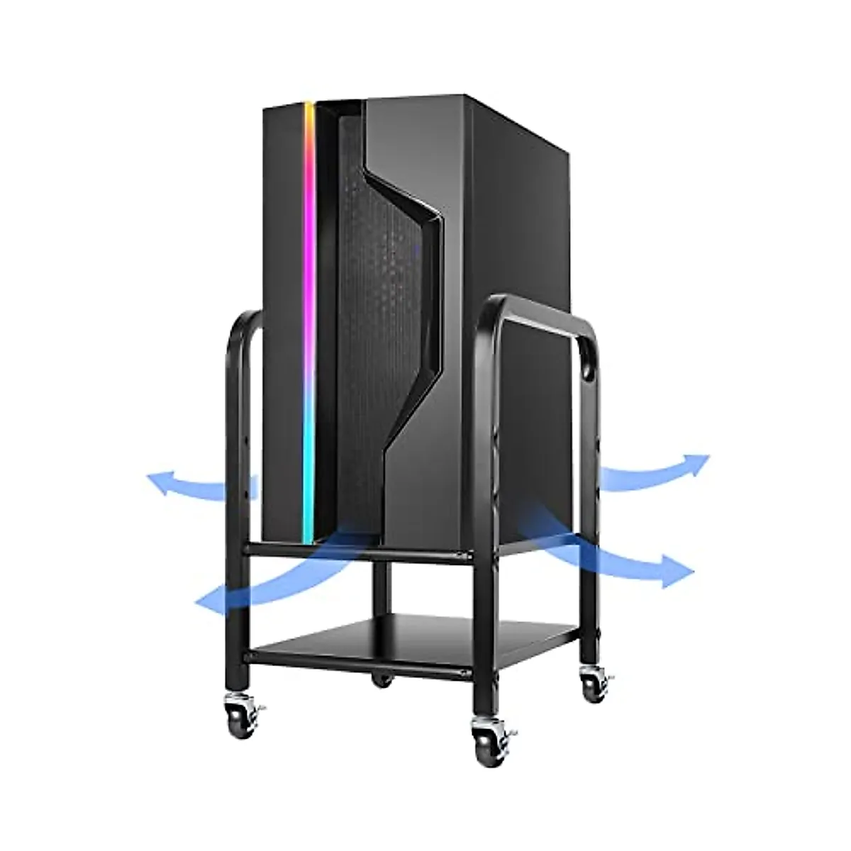 Computer Tower Stand, 360Tronics Adjustable Desktop ATX-Case CPU Holder, 2-Tier PC Rolling Stand Mobile Steel Desktop Case Stand Cart with 4 Locking Wheels for Office Home, Black