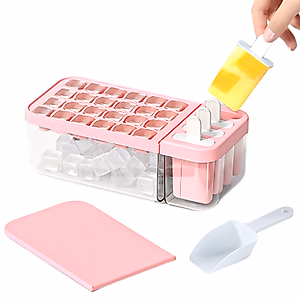 Ice Cube Tray with Lid and Bin, 24pcs Ice Cube Molds and 4pcs Popsicles Molds with 4 Reusable Popsicle Sticks, 1 Ice Scoop, Ice Cube Trays for Freezer, Whiskey, Cocktails (Pink), Masjenbu