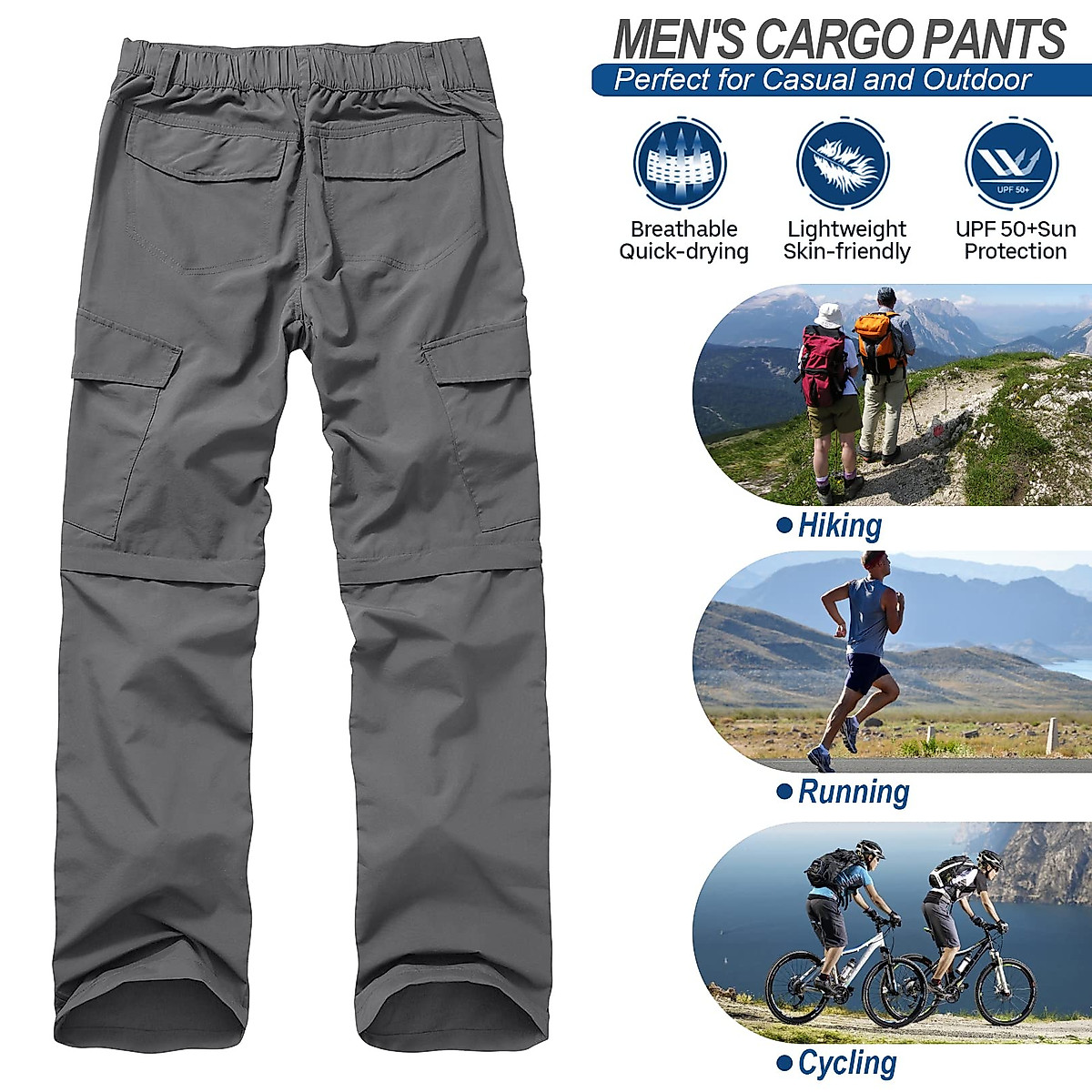 Mens Hiking Pants Quick Dry Lightweight Fishing Pants Convertible Zip Off Cargo Work Pants Trousers #6088,Grey,32