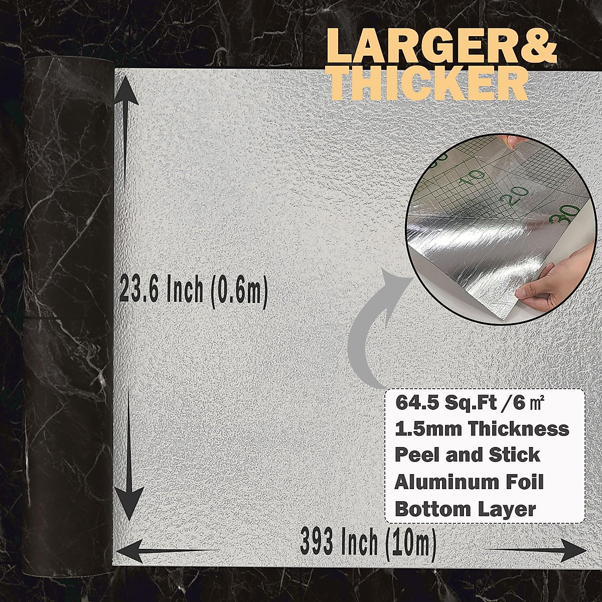 Oxdigi Vinyl Floor Tiles Peel and Stick 23"x 393"/64 Sq.Ft, Thicken Self Adhesive Vinyl Flooring Roll Marble Pattern Waterproof DIY Floor Coverings for Bathroom Living Room Kitchen, Black Marble