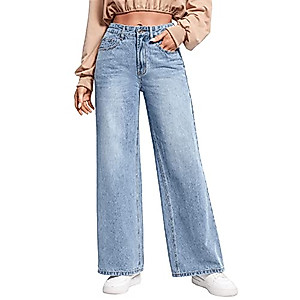 SweatyRocks Women's Casual High Waisted Distressed Ripped Jeans Wide Leg Denim Pants Light Blue S