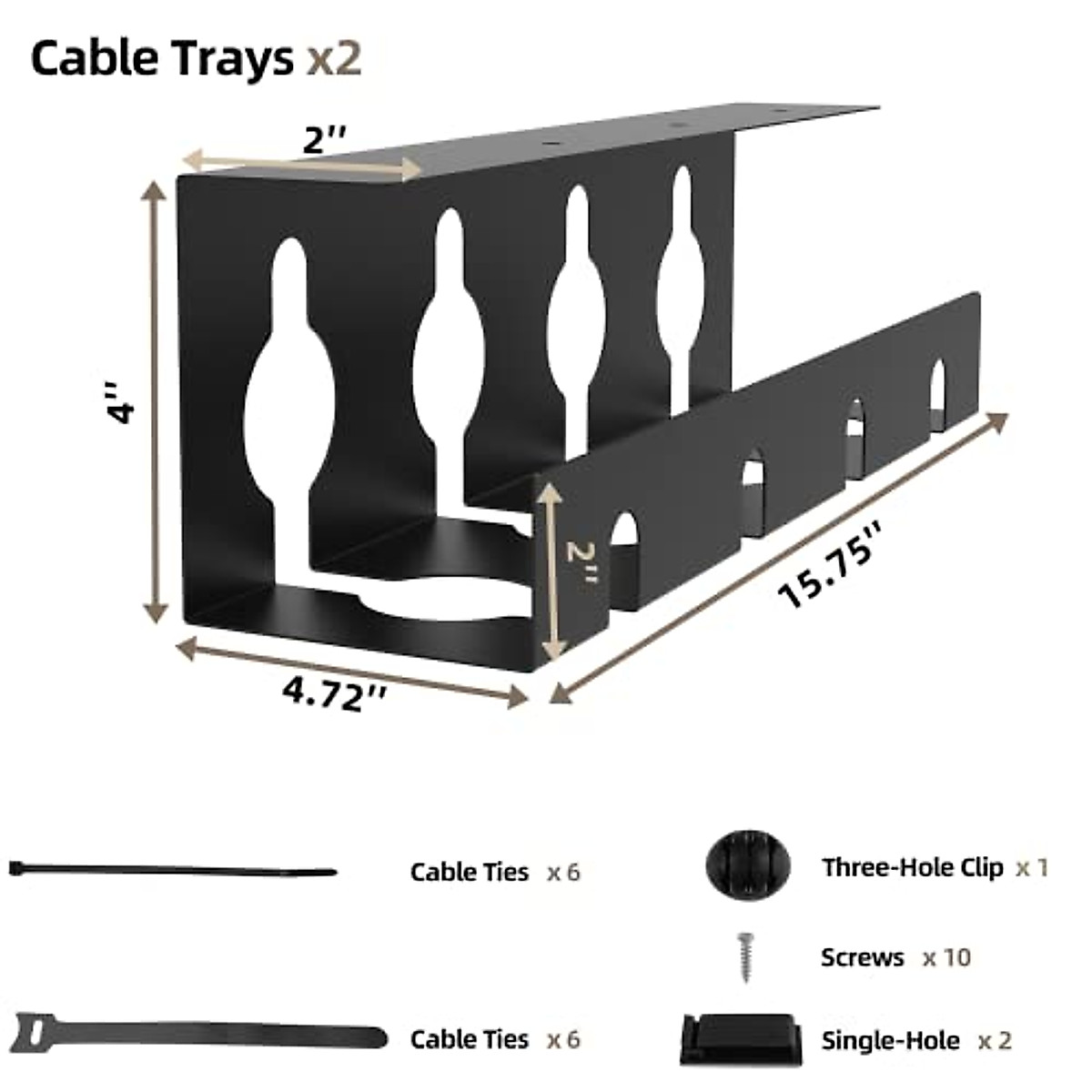 Cable Management Under Desk, 2 Pack 15.75 inch Metal Cable Management Tray Table Cable Raceway for Office & Home with Wire Organizer and Desk Cord Organizer Black