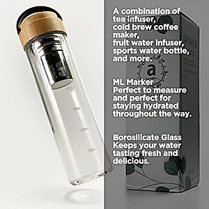 ameiin 23oz Borosilicate Glass Water Bottles with Bamboo Lid and Neoprene Sleeve for Loose Leaf Tea and Fruit Infused Water - Cold Brew Coffee Maker - Tea Infuser Bottle with Strainer - Glass Tumbler