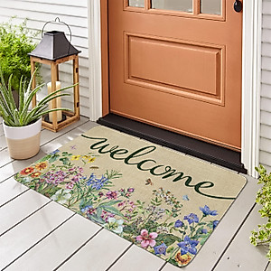 Ghroiep Welcome Floral Decor Doormat, Home Spring Summer Flower Front Door Mats, Indoor Outdoor Non Slip Reusable Entrance Rug 17"x30"