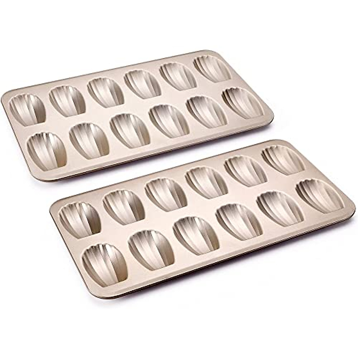 HONGBAKE Nonstick Madeleine Pan 2 Pack 12-Cavity Heavy Duty Madeleine Cookies Trays for Oven Baking, Warp Resistant Shell Shape Madeleine Mold Cake Pan, Champagne Gold