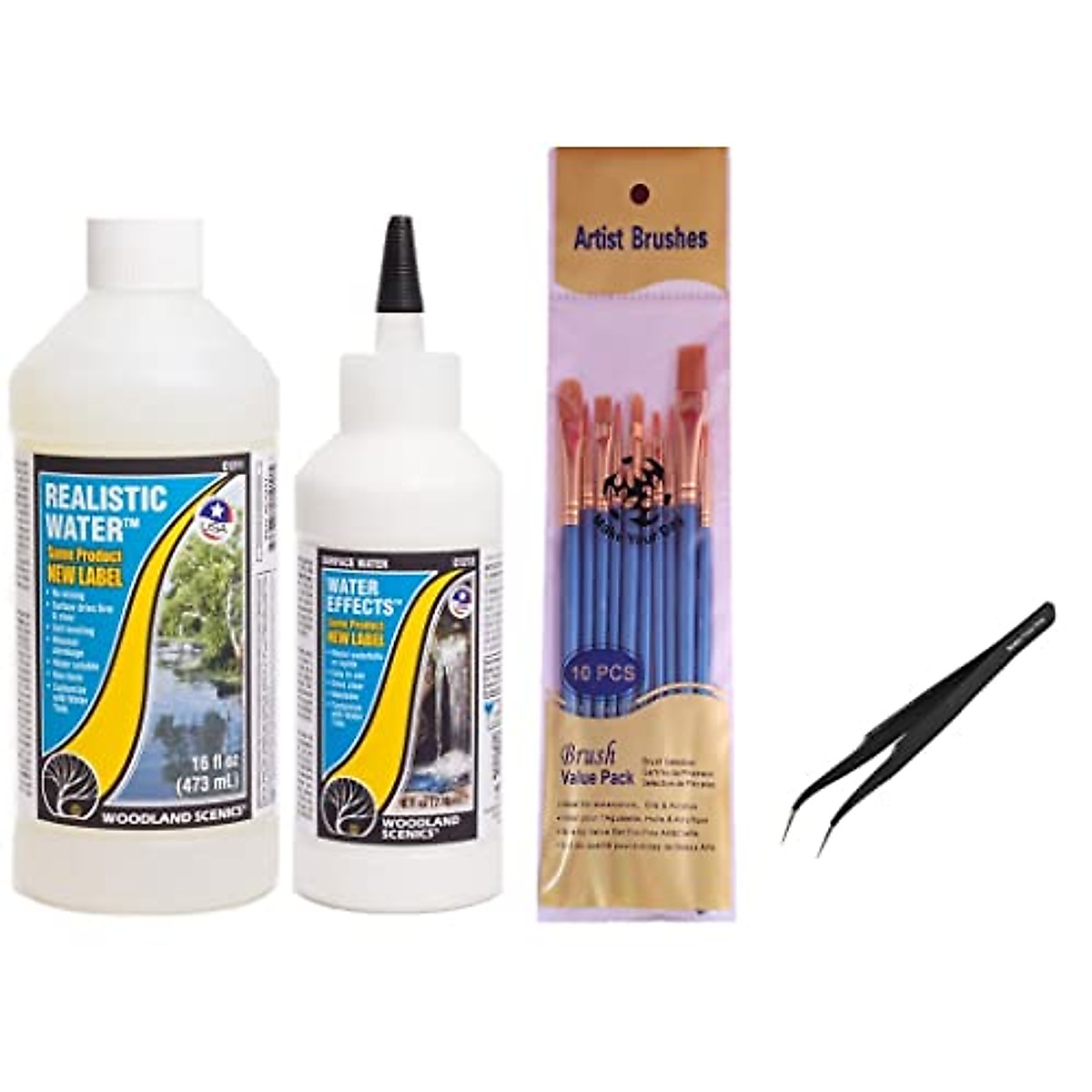 Woodland Scenics Realistic Water and Water Effects with Make Your Day Paintbrushes and Curved Tweezers