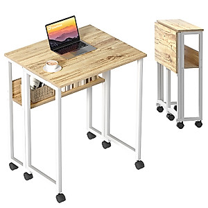 GreenForest Folding Desk Small Rolling Desk with Storage Shelf,24.8 inch Foldable Computer Desk with Wheels for Small Space,Easy Assembly,Oak