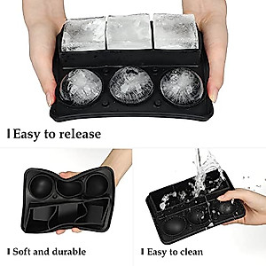 Ice Cube Tray, Morfone Silicone Round Ice Ball Mold& Square Large Ice Mold Combo with Lid, Funnel Design Easy-Release Reusable Ice Ball Maker for Whiskey, Cocktail, Bourbon, Homemade Drinks