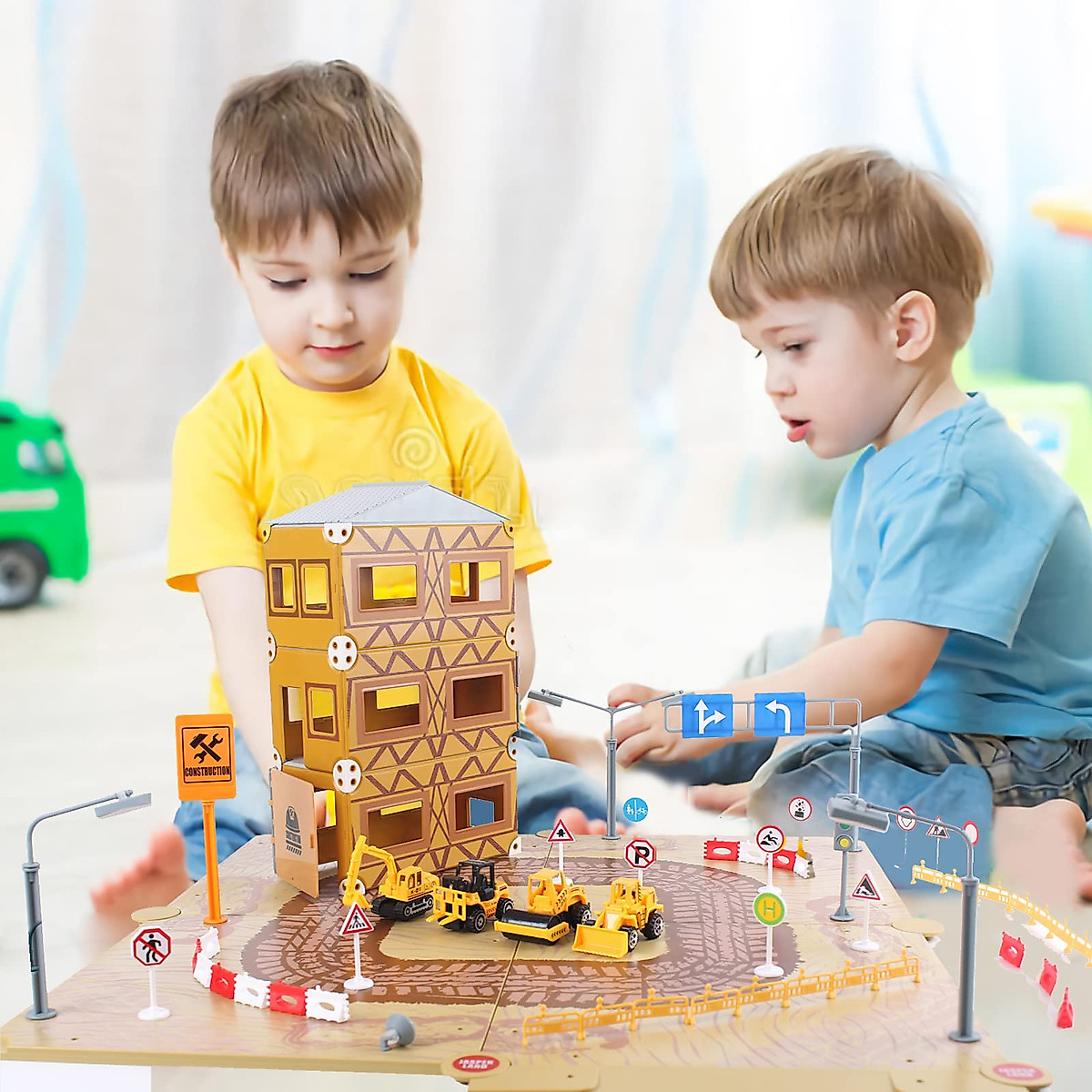 136PCS Construction Site Toy Vehicle Set, STEM Building Toys with Play Mat for Kids Boys, DIY Engineering Project Kits with Playmat, Best Toy Gift for 4 5 6 7 8 9 10 Years Old