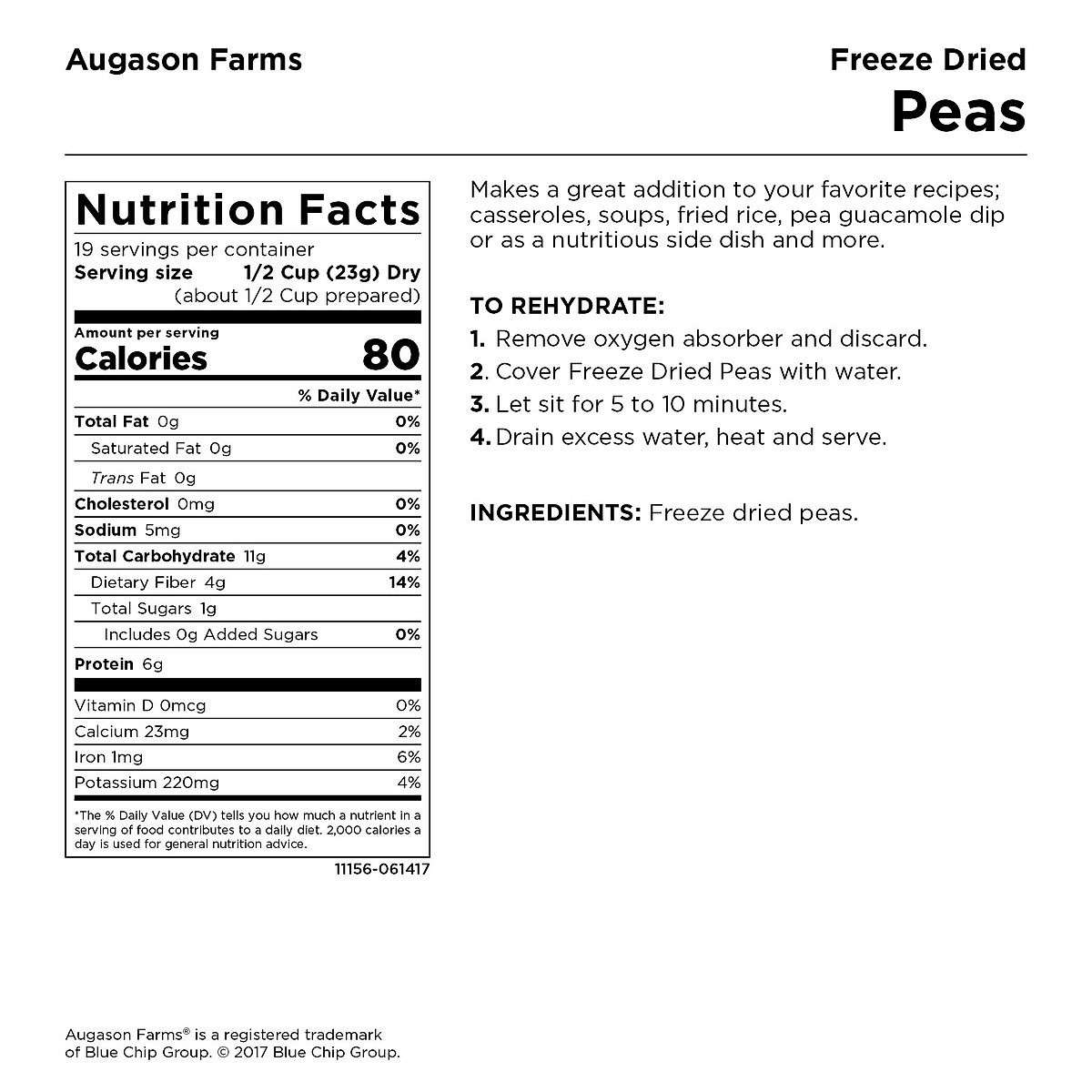 Augason Farms Freeze Dried Peas #10 Can, 16 oz