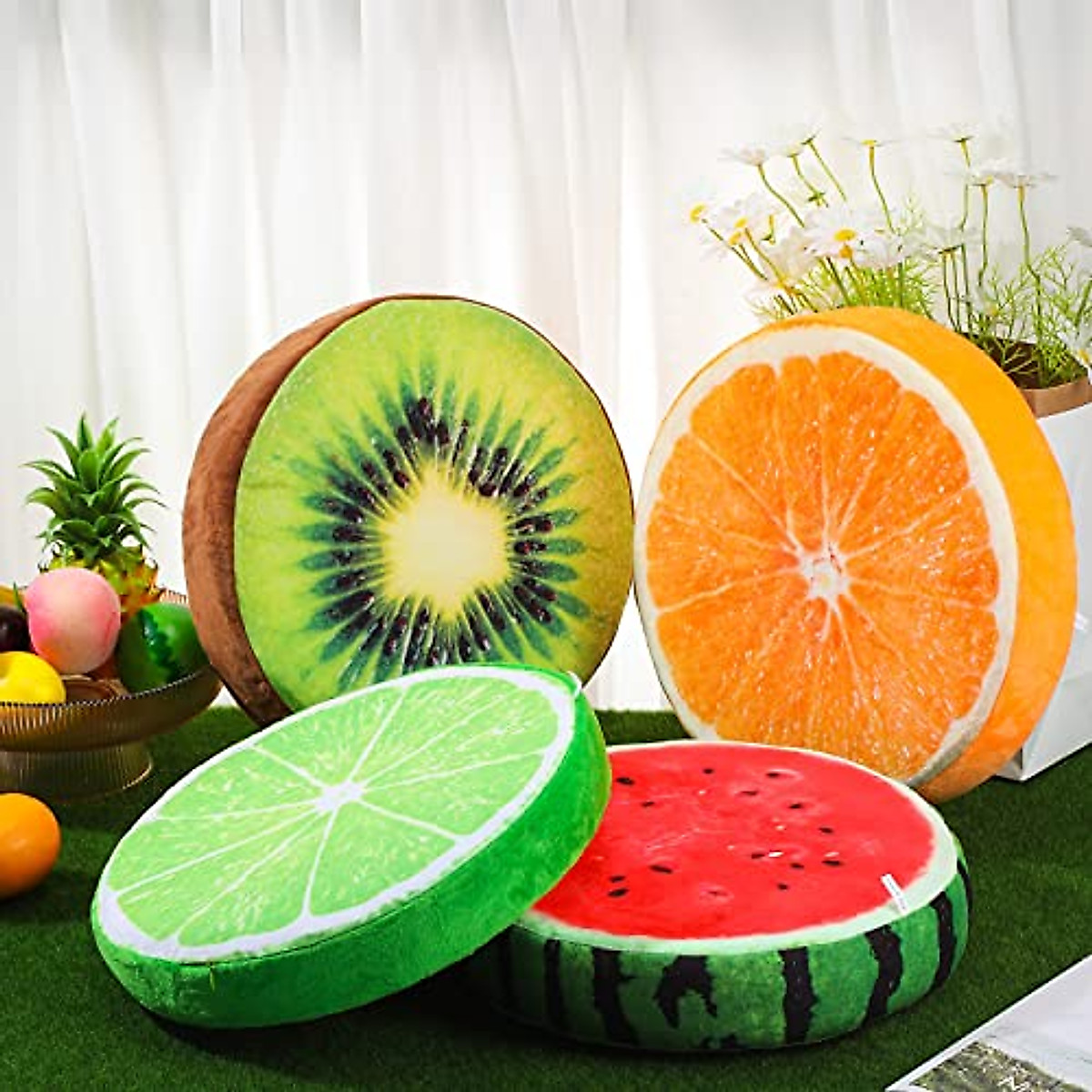 Coume 4 Pcs 15.7 Inch Round Fruit Pillows Stuffed Throw Pillows 3D Watermelon Kiwi Lemon Orange Decorative Floor Cushions Chair Toy Seat Floor Seat Cushions for Kids Couch Sofa Classroom