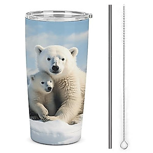 FHENMSA Stainless Steel Insulated Travel Coffee Mug,Cute Polar Bear Print Reusable Car Cup,Thermal Cup for Outdoor with Straw And Lid