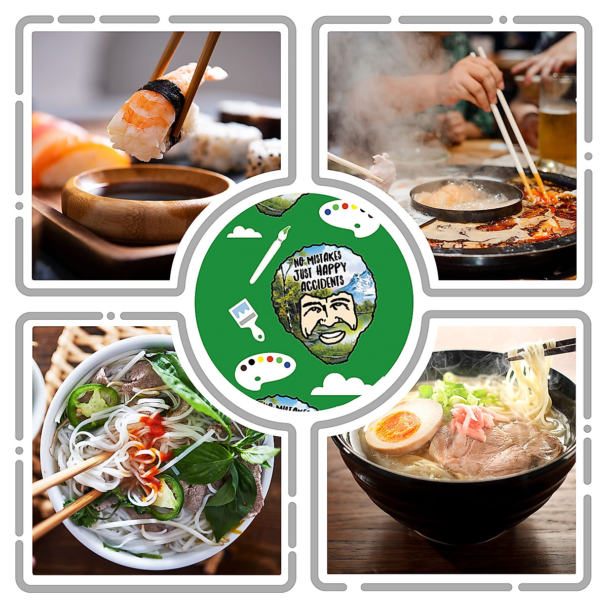 GAMAGO Bob Ross Bamboo Chopsticks Set - 4 Pairs of Adorably Cute Reusable Chop-sticks - Easy Grip, Lightweight, Durable, 9.25 Inches