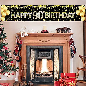90th Birthday Banner Decorations for Women Men, Black Gold Happy 90 Year Old Birthday Sign Party Supplies, Ninety Birthday Photo Booth Props Decor(9.8 X 1.6ft)