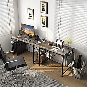 Tbfit L ShapedDesk with Storage Shelves,95.2 Inch Reversible Coner Desk Office Desk for Small Space,Large Computer Gaming Desk Workstation with Power Outlet,2 Person Long Writing Study Table(Gray) …