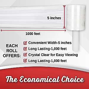 2 Pack Industrial Strength Mini Hand Stretch Wrap 5" 1000 Ft Roll 80 Gauge Thick Clear Cling Plastic Moving Supplies Durable Self-Adhering Packing Pallet Furniture Heavy Duty Shrink Film