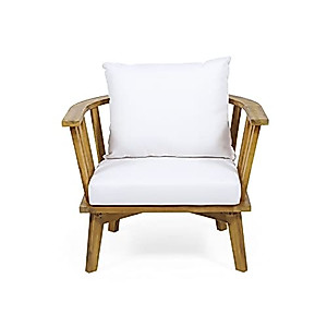 Christopher Knight Home Dean Outdoor Wooden Club Chair with Cushions, White and Teak Finish