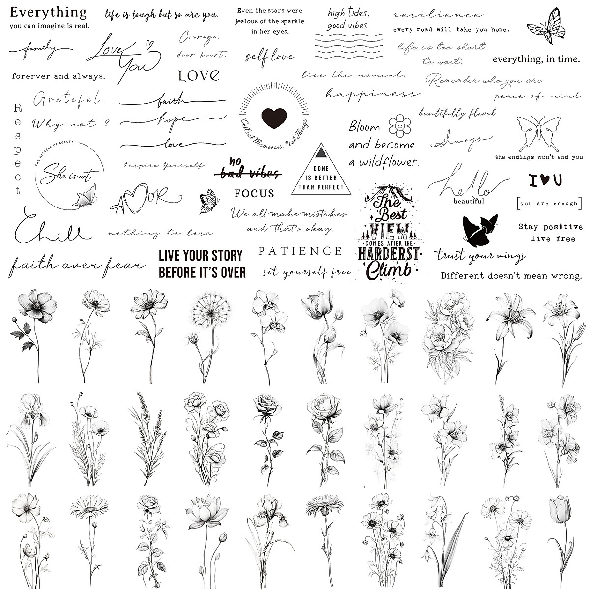 Esland Realistic Temporary Tattoos - 60 Sheets Small Fake Tattoos, 30 Pcs Meaningful Scripts Words Tattoos, 30 Pcs Line Art Wild Flower Nature Tattoo Stickers for Women and Men