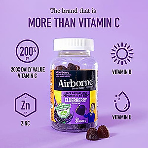 Airborne Elderberry + Zinc & Vitamin C Gummies For Adults, Immune Support Vitamin D & Zinc Gummies With Powerful Antioxidant Vitamins C D & E - 50 Gummies, Elderberry Flavor