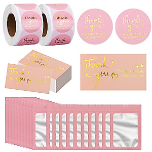 Lefiocky 1120 Pcs Thank You Stickers and Cards Sets 1.5 Inch Thank You for Supporting My Small Business with Gold Lettering, Tiny Thank You Cards and Resealable Packaging Bag for Business - Pink