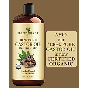 Handcraft Blends Organic Castor Oil - 16 Fl Oz - 100% Pure and Natural - Premium Grade Oil for Hair Growth, Eyelashes and Eyebrows - Carrier Oil - Hair and Body Oil - Expeller-Pressed and Hexane-Free