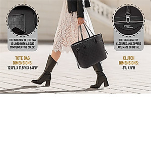 Daisy Rose Tote Shoulder Travel Bag & Matching Clutch PU Vegan Leather - Black Check